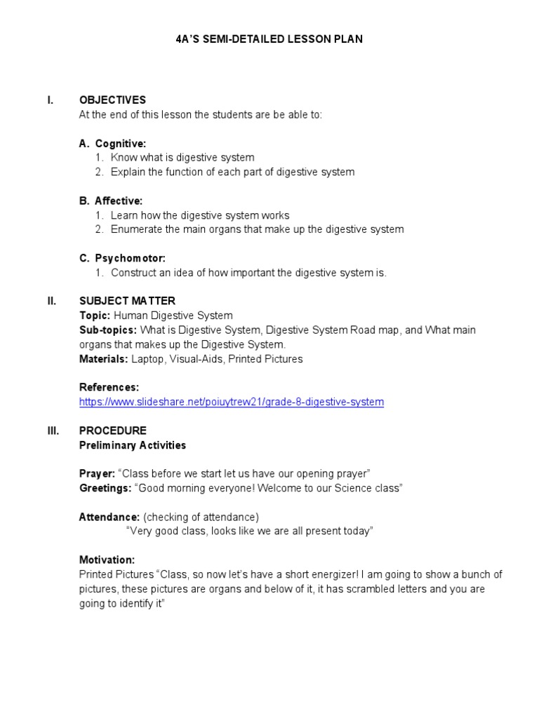 Lesson Plan DIGESTIVE SYSTEM | PDF