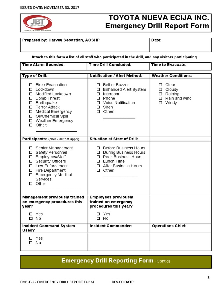 Toyota Nueva Ecija Inc. Emergency Drill Report Form | PDF | Emergency ...