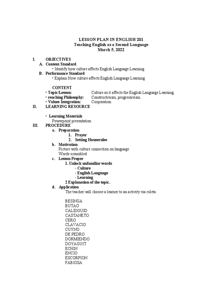 Lesson Plan in English 201 | PDF | Lesson Plan | Learning