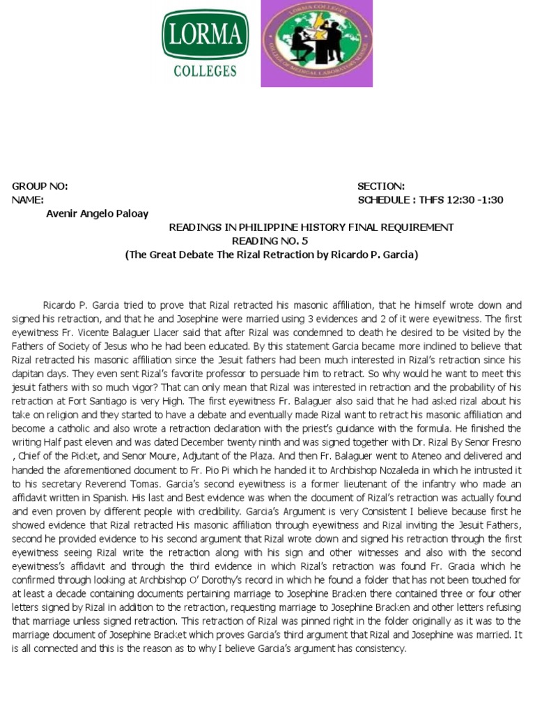 READING-5-The Great Debate The Rizal Retraction by Ricardo P. Garcia | PDF
