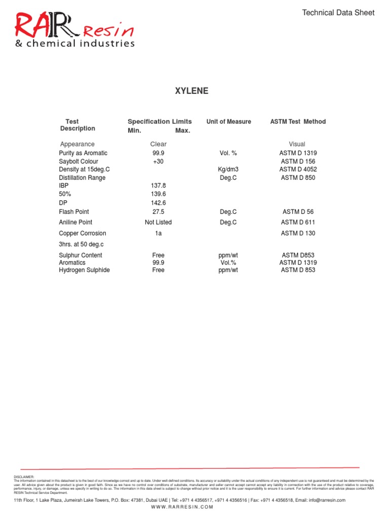 Xylene: Test Description Specification Limits Min. Max. Unit of Measure ...