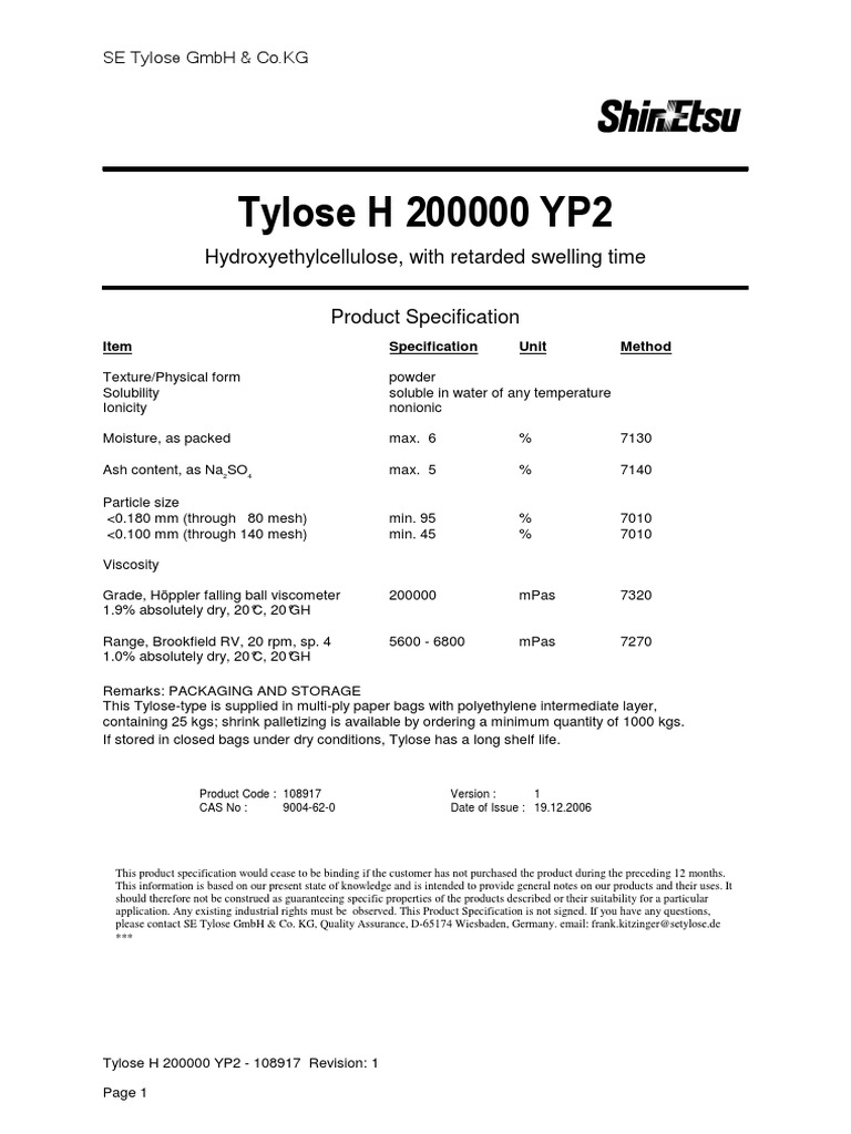 Tylose H 200000 YP2 | PDF | Materials | Chemistry
