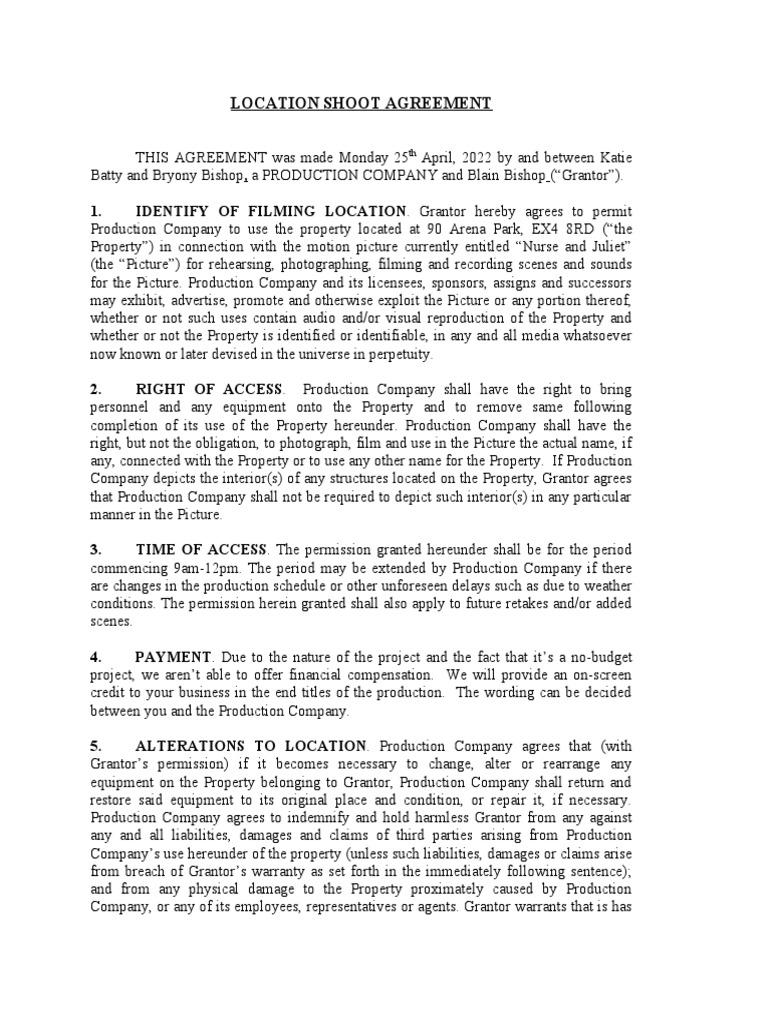 Location Agreement Form | PDF | Indemnity | Business Law