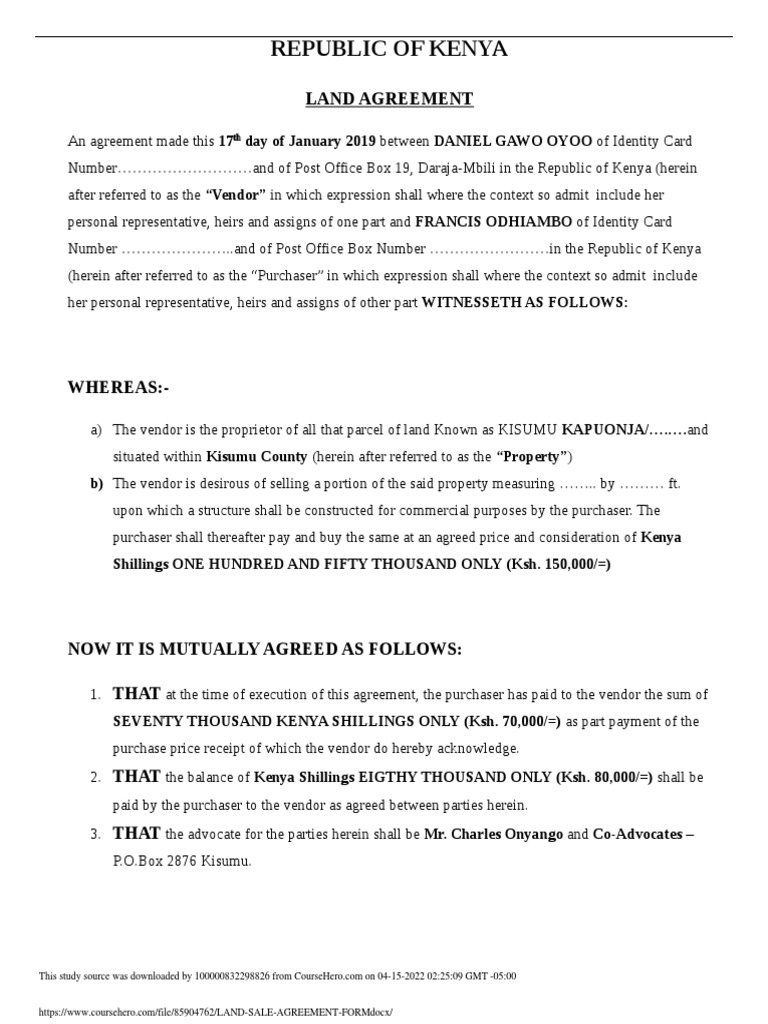 Republic of Kenya: Land Agreement | PDF | Business