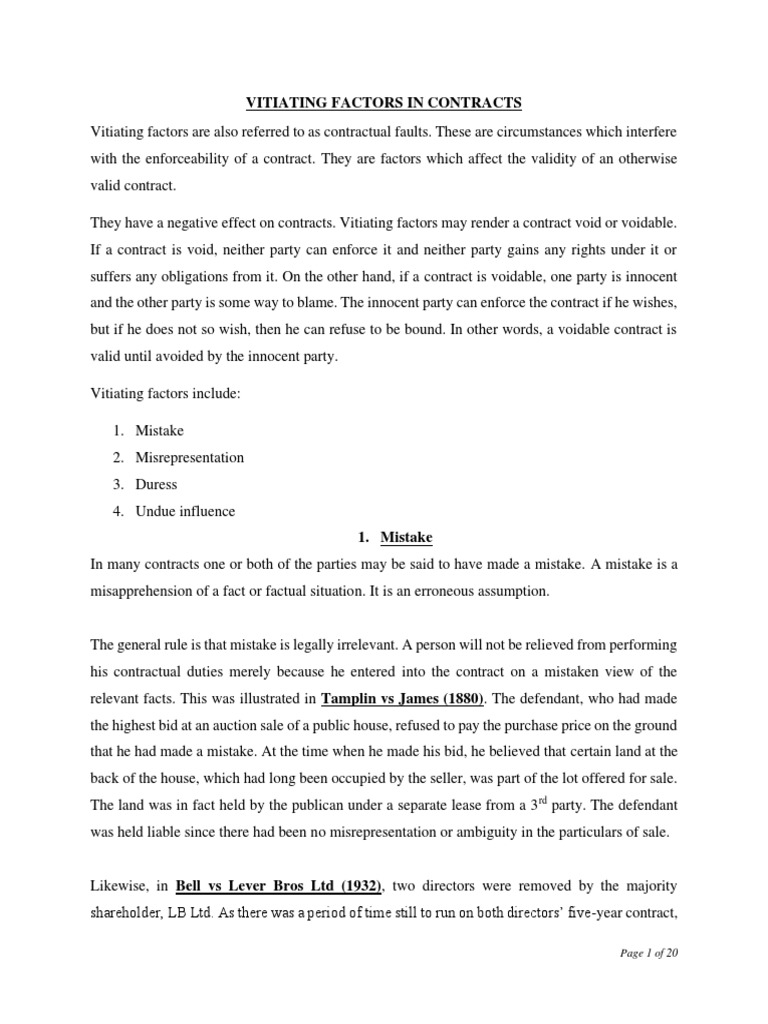 Vitiating Factors in Contracts | PDF | Misrepresentation | Private Law