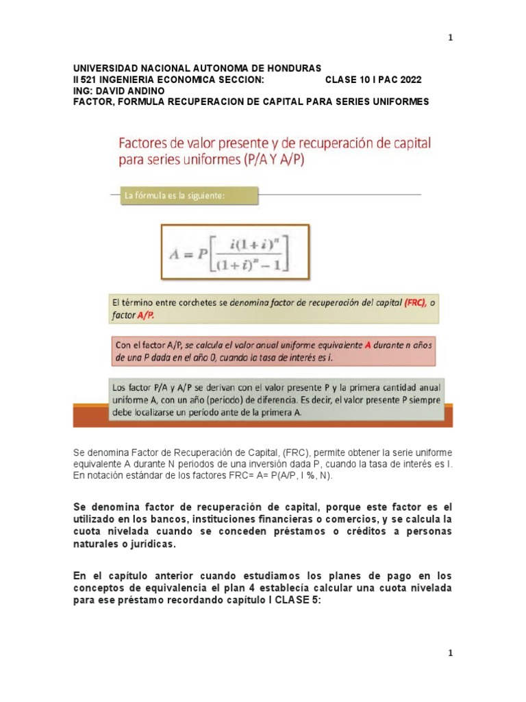 10.factor, Formula Recuperacion de Capital para Series Uniformes | PDF | Interés | Finanzas y ...