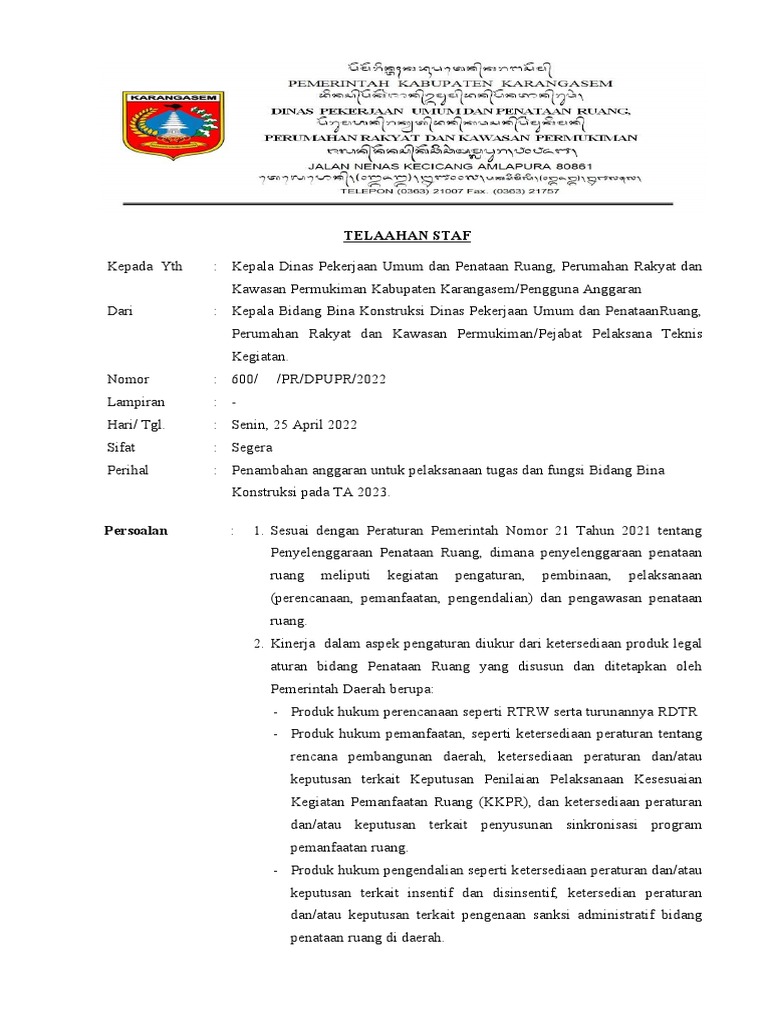 Telaah - Staf - Penambahan Anggaran | PDF