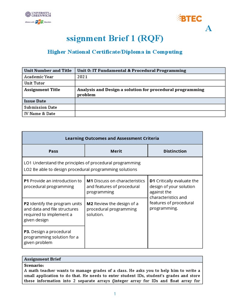 A Ssignment Brief 1 (RQF) : Higher National Certificate/Diploma in ...