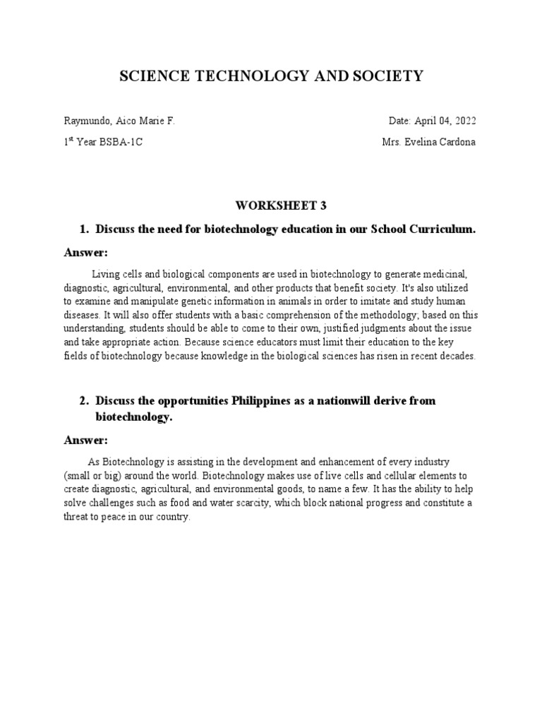 STS Worksheet 3 | PDF | Biotechnology | Science