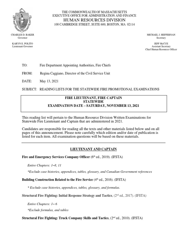 Massachusetts Fire Lieutenant Reading List | PDF