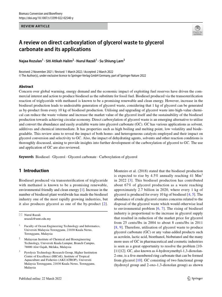 A Review On Direct Carboxylation of Glycerol Waste To Glycerol ...