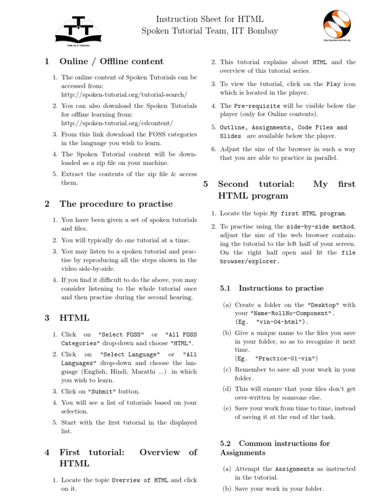 Instruction Sheet For HTML Spoken Tutorial Team, IIT Bombay: 5.1 ...
