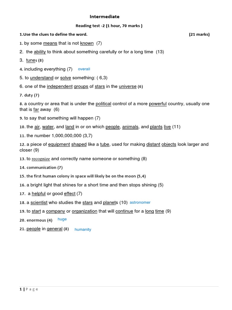 Intermediate: Reading Test - 2 (1 Hour, 70 Marks) 1.use The Clues To ...