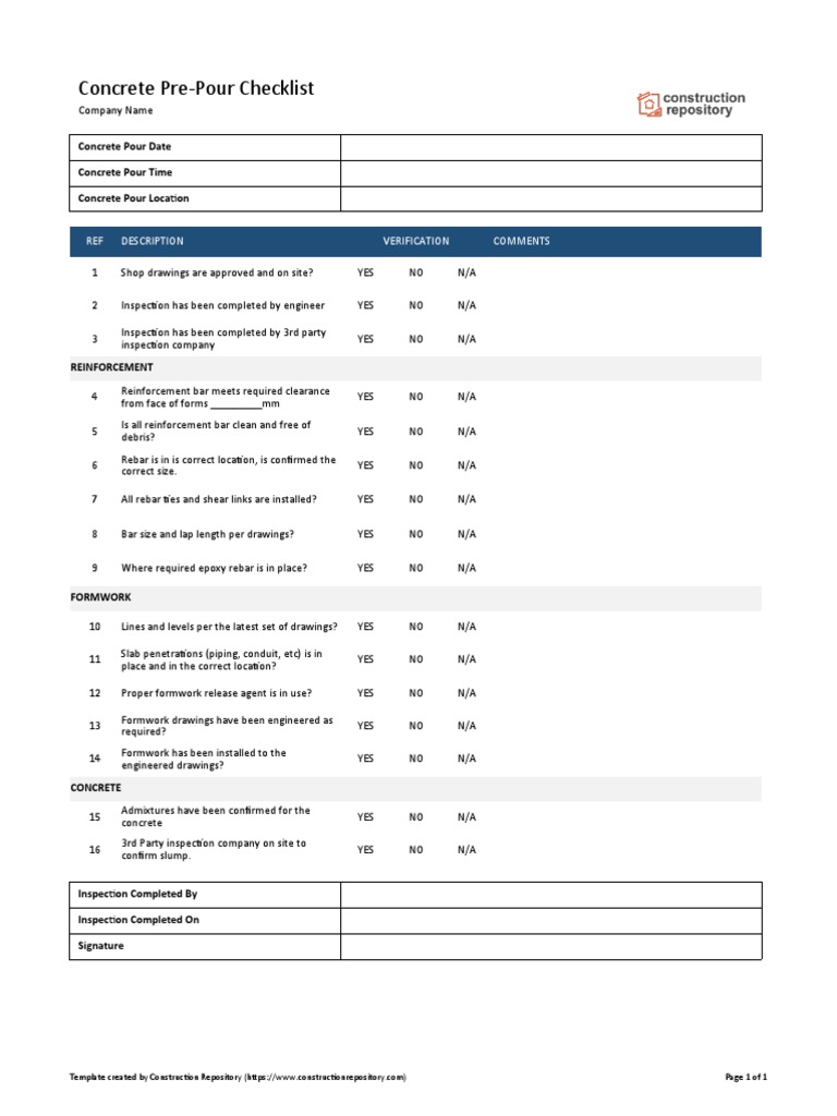 Construction Concrete Pre Pour Checklist Gdq5yg | PDF | Concrete ...