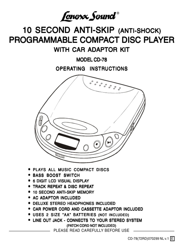 PROGRAMMABLE COMPACT DISC PLAYER WITH CAR ADAPTER KIT - Lenoxx CD-78 | PDF