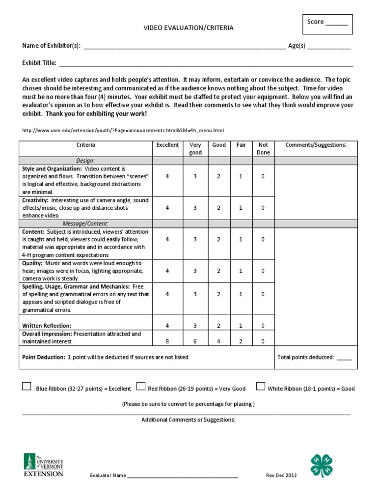 Video Evaluation/Criteria Score - : Design | PDF | Camera | Attention