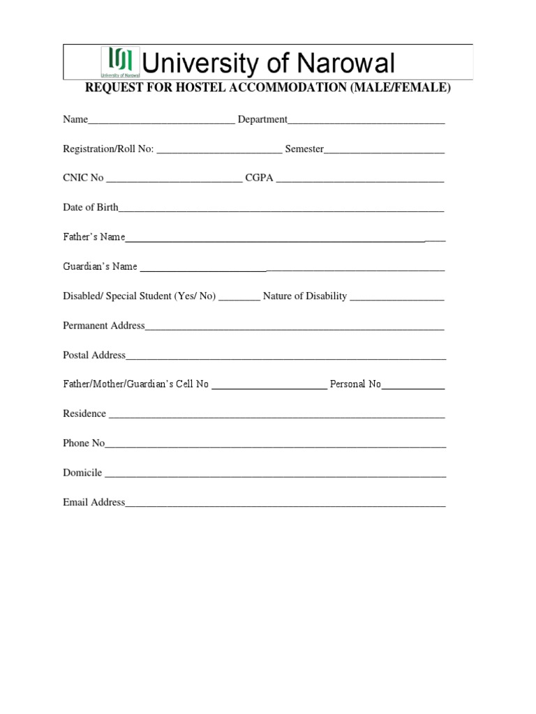 Request For Hostel Accommodation (Male/Female) | PDF