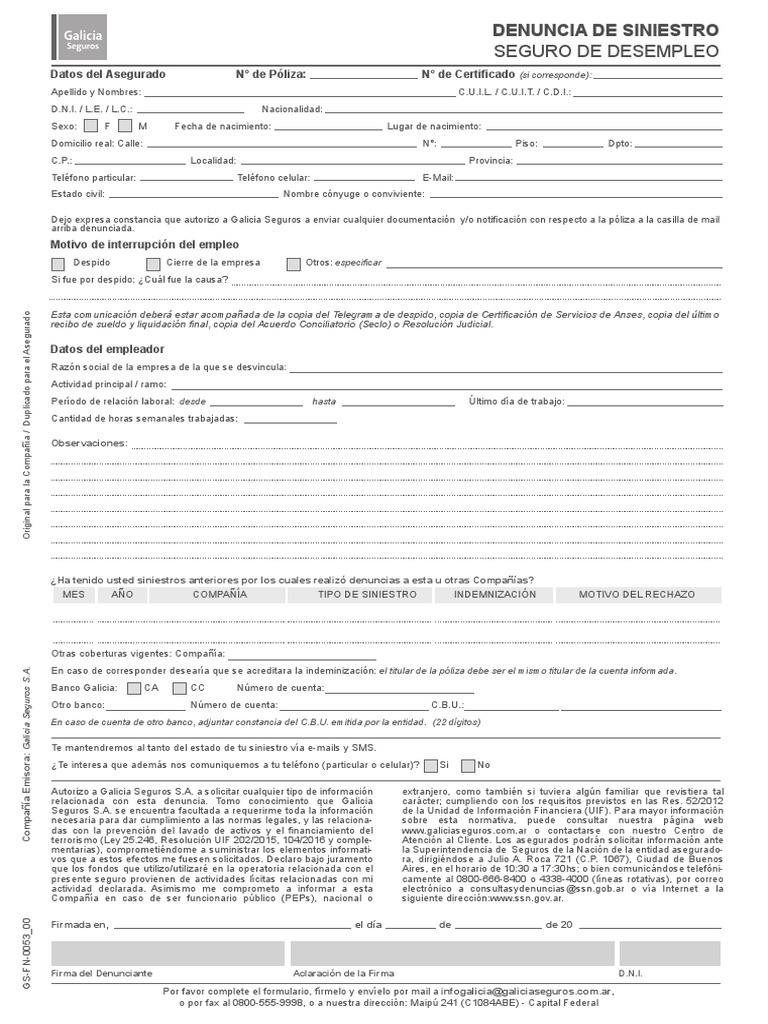 Formulario Denuncia de Siniestro Seguro Desempleo | PDF | Póliza de seguros | Seguro