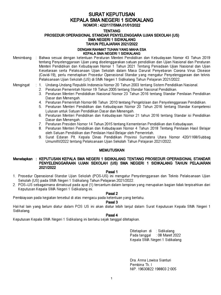 Pos Ujian Sekolah (US) SMA Negeri 1 Sidikalang | PDF