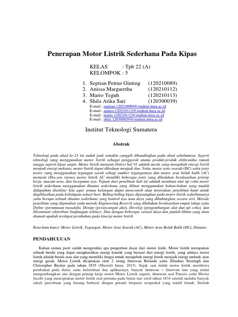 Penerapan Motor Listrik Sederhana Pada Kipas: Institut Teknologi Sumatera | PDF | Komputer