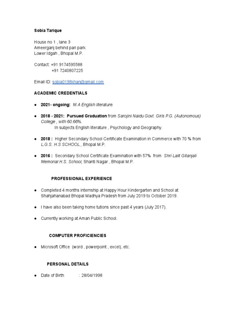 CV, Sobia Tarique | PDF