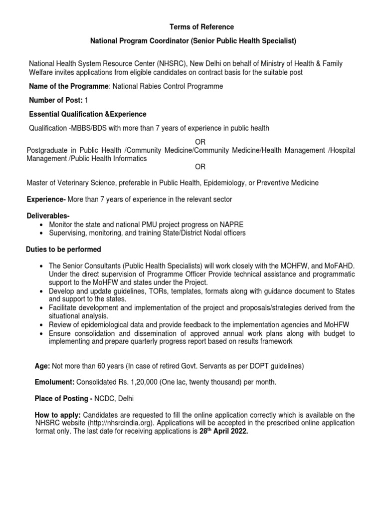TOR National Program Coordinator (Senior Public Health Specialist) NRCP ...