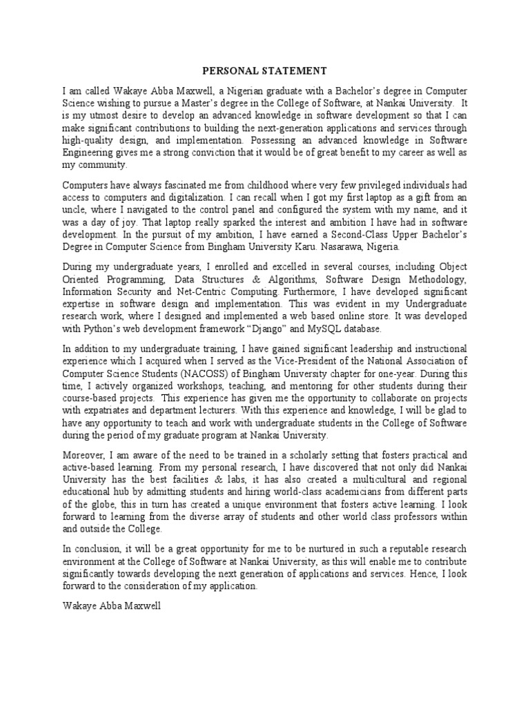 Personal Statement | PDF | Academic Degree | Software