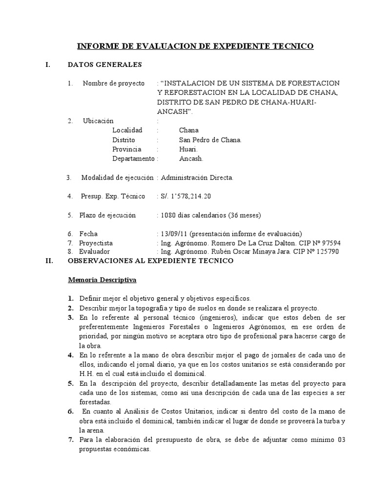 INFORME EVAL. EXP.T. FORESTACION Y REFORESTACION CHANA-javier | PDF | Presupuesto | Agricultura