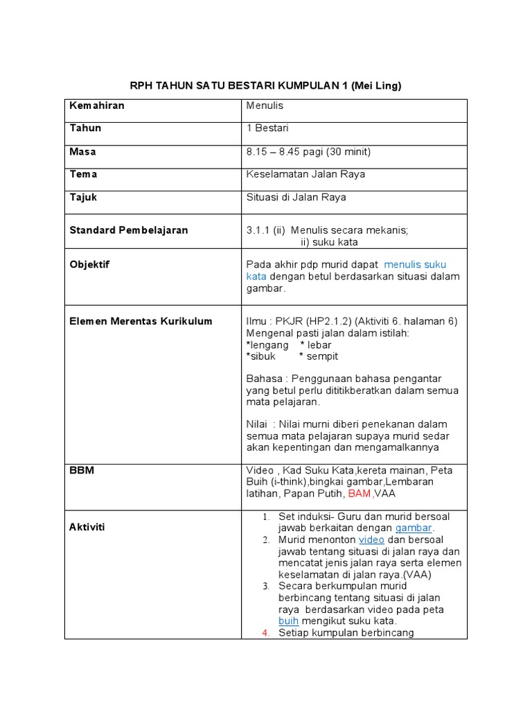 RPH PKJR Tahun 1 | PDF