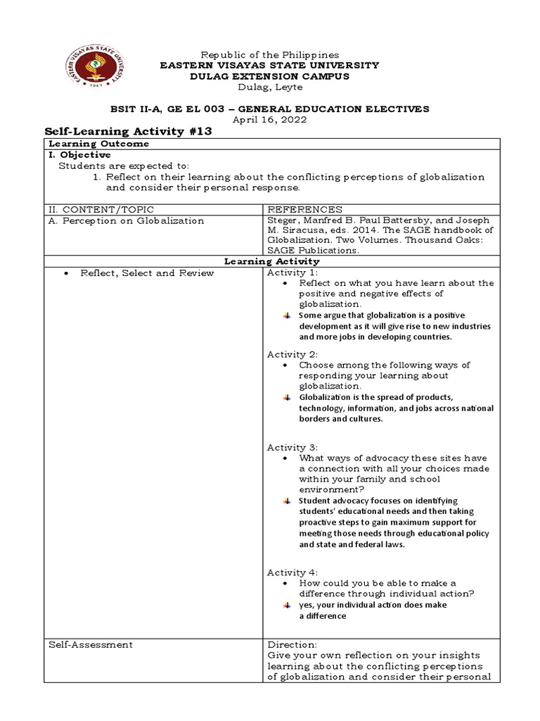 Self Learning Activity Sheet 13 | PDF | Globalization | Cognition