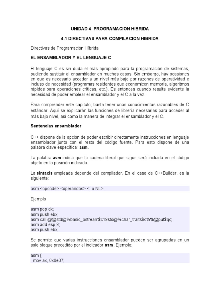 Unidad 4 Programacion Hibrida | PDF | Lenguaje ensamblador | Puntero ...