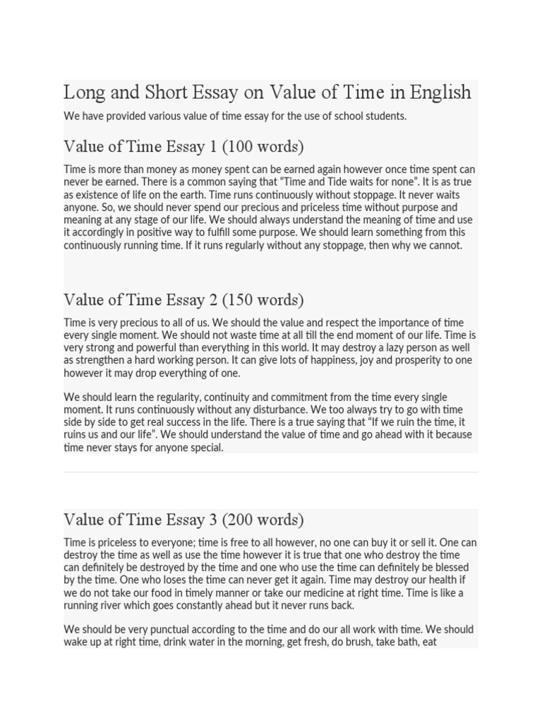 Long and Short Essay On Value of Time in English | PDF | Career ...