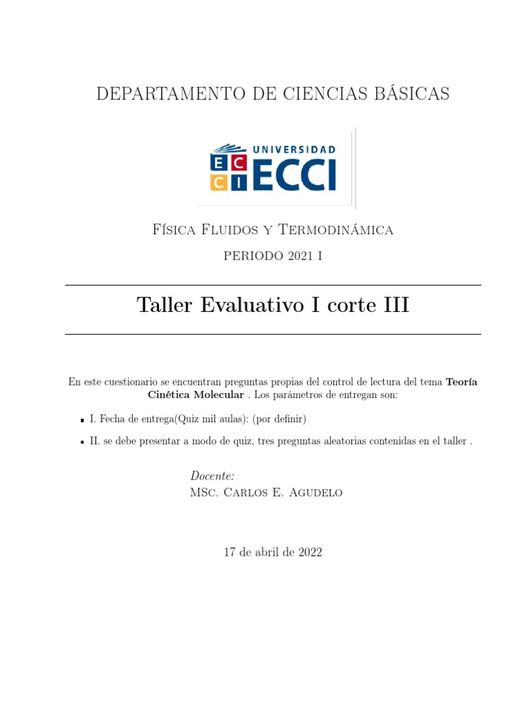Taller Evaluativo 1 Corte III F Termodin Mica T C M | PDF | Gases | Temperatura