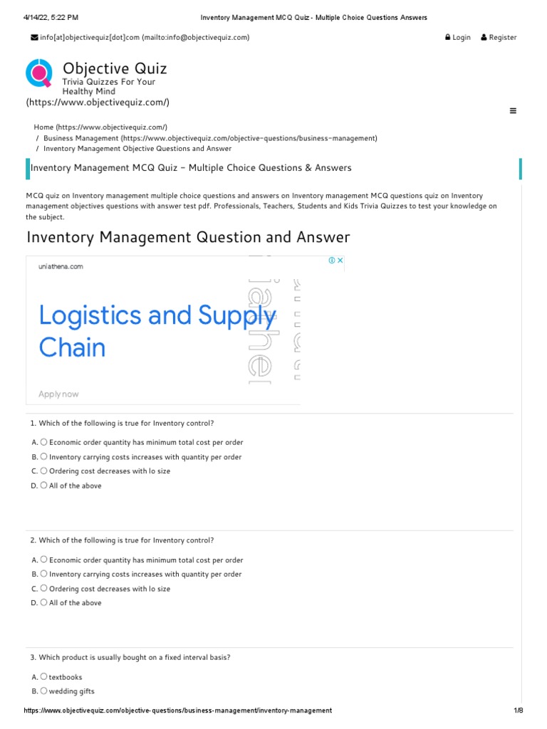 Inventory Management MCQ Quiz - Multiple Choice Questions Answers 1 ...
