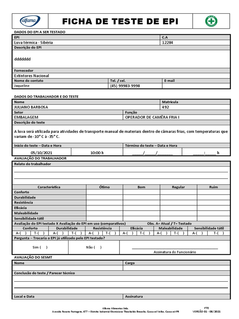 Ficha de Teste de Epi | PDF