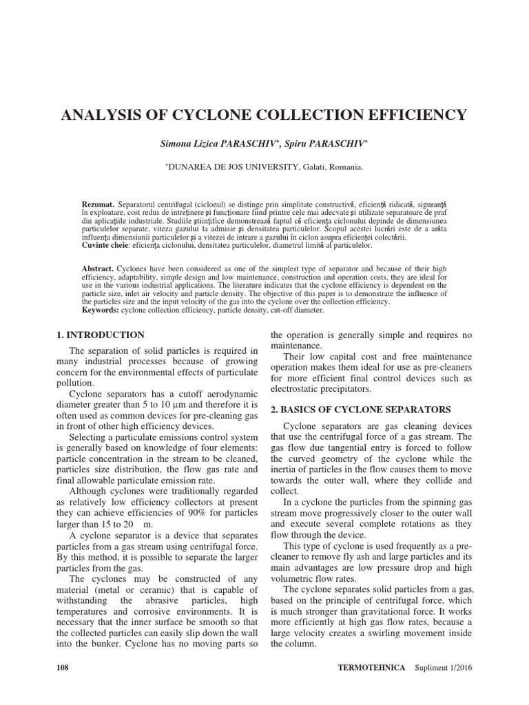 Analysis of Cyclone Collection Efficiency: Simona Lizica PARASCHIV ...