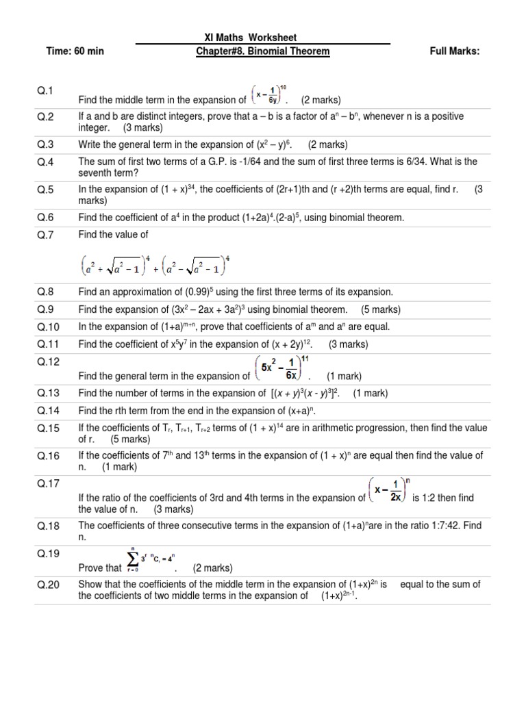 CBSE Class 11 Mathematics Worksheet - Binomial Theorem | PDF