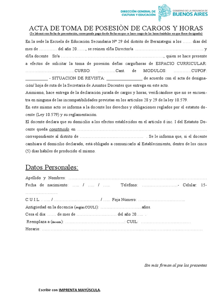 Acta de Toma de Posesiòn de Cargos y Horas-2022 | PDF