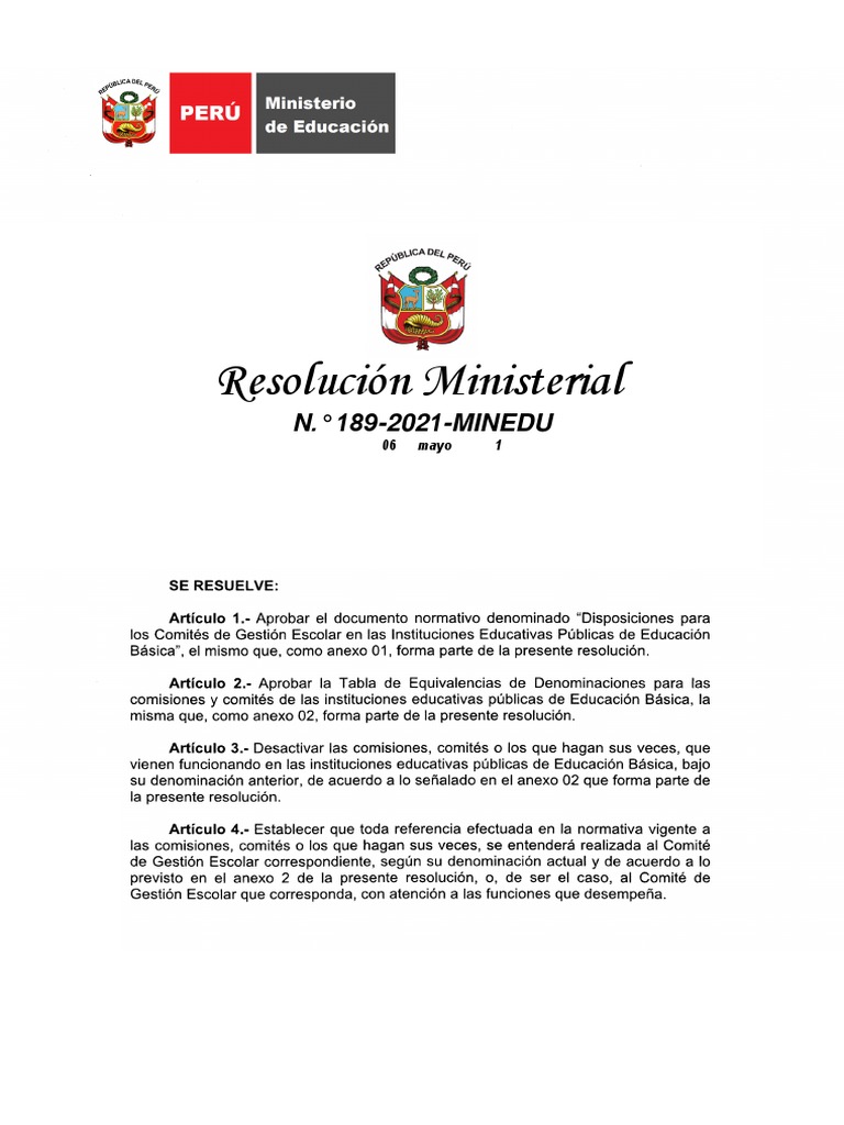 RM 189-2021-Minedu-ComitésDeGestiónEscolar | PDF | Evaluación | Maestros