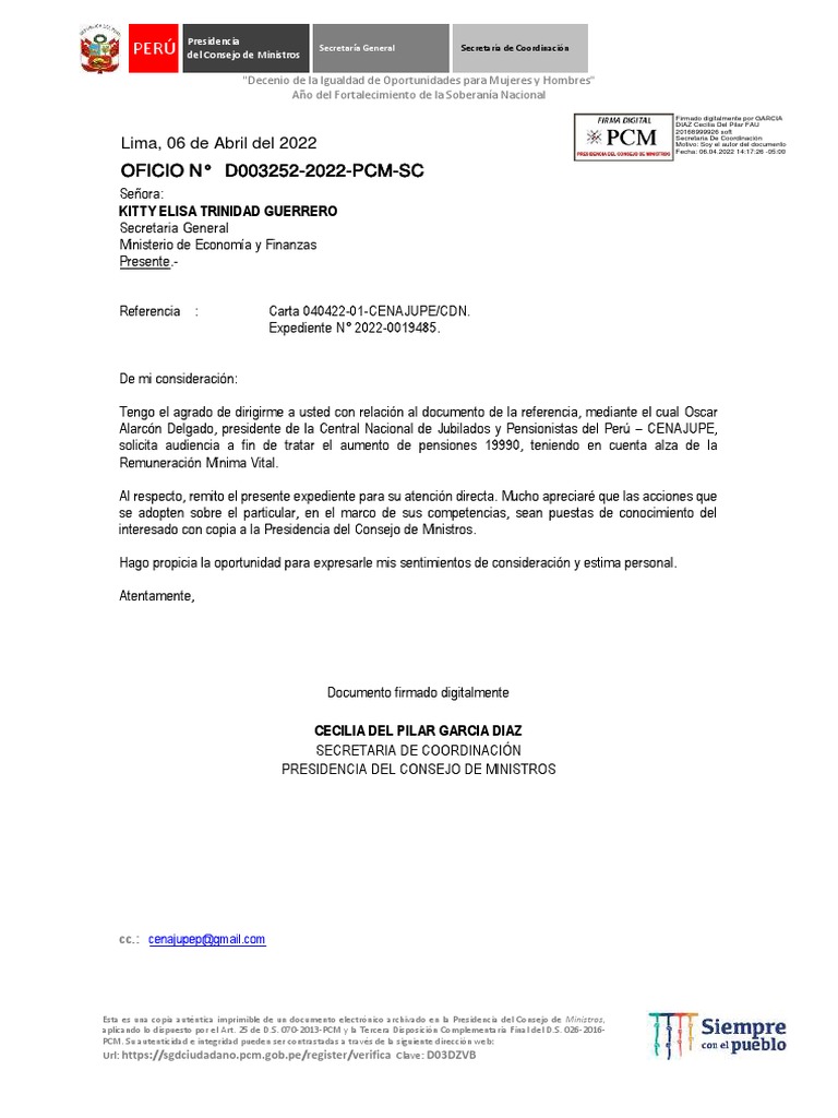 Respuesta PCM Oficio 003252 2022 SC | PDF | Gobierno