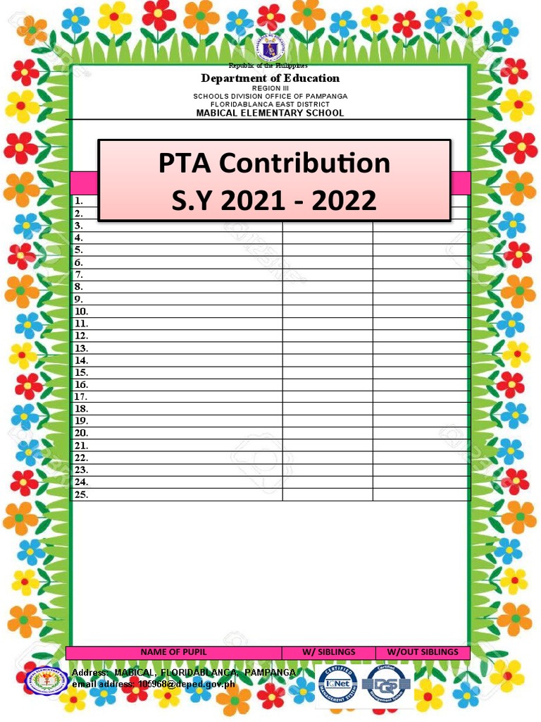 PTA Contribution S.Y 2021 - 2022: Department of Education | PDF