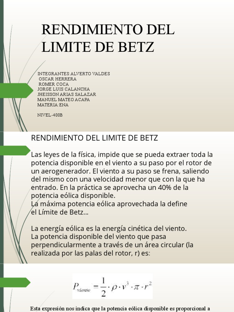 Rendimiento Del Limite de Betz | PDF | Energía eólica | Turbina eólica