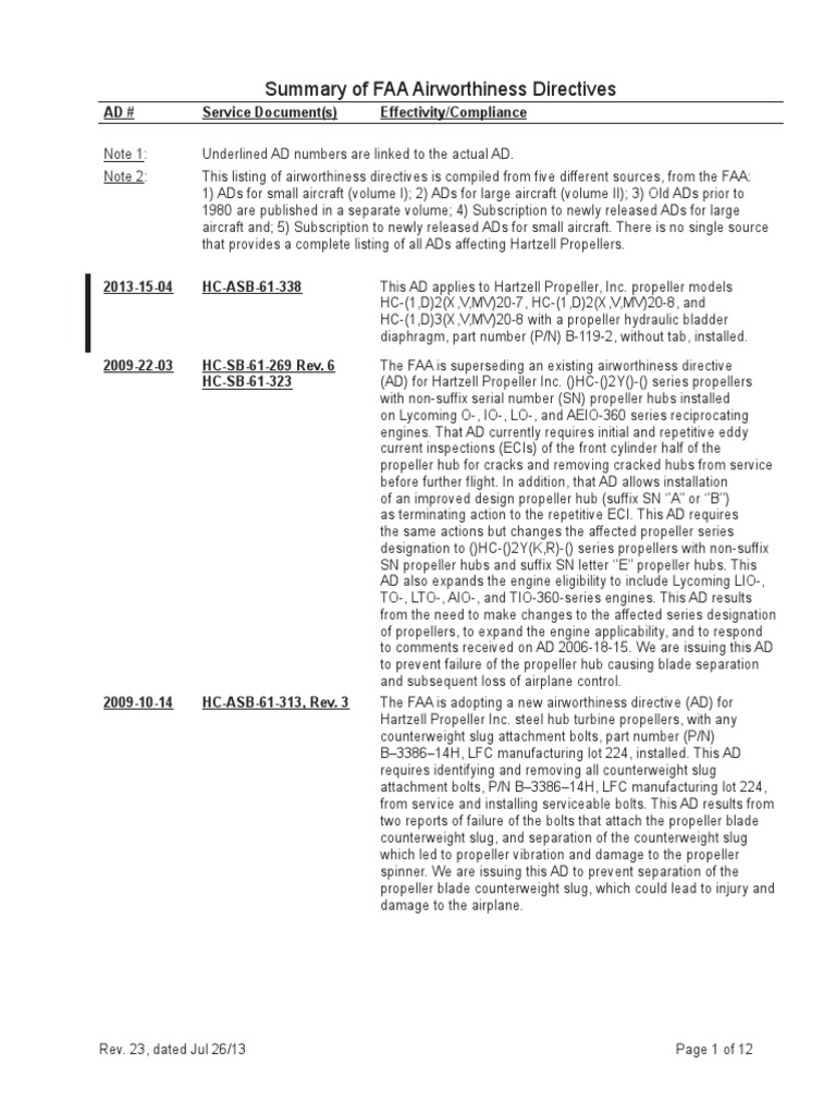 FAA Airworthiness Directives Summary | PDF | Propeller | Aviation
