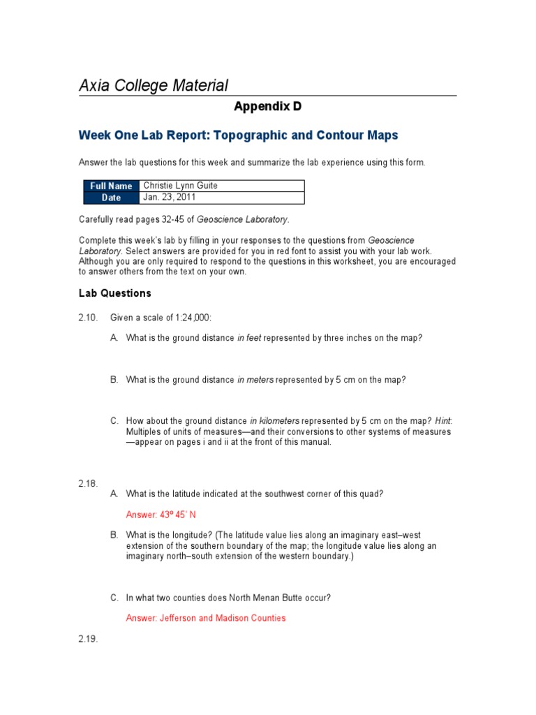Axia College Material: Week One Lab Report: Topographic and Contour Maps | PDF | Contour Line | Map