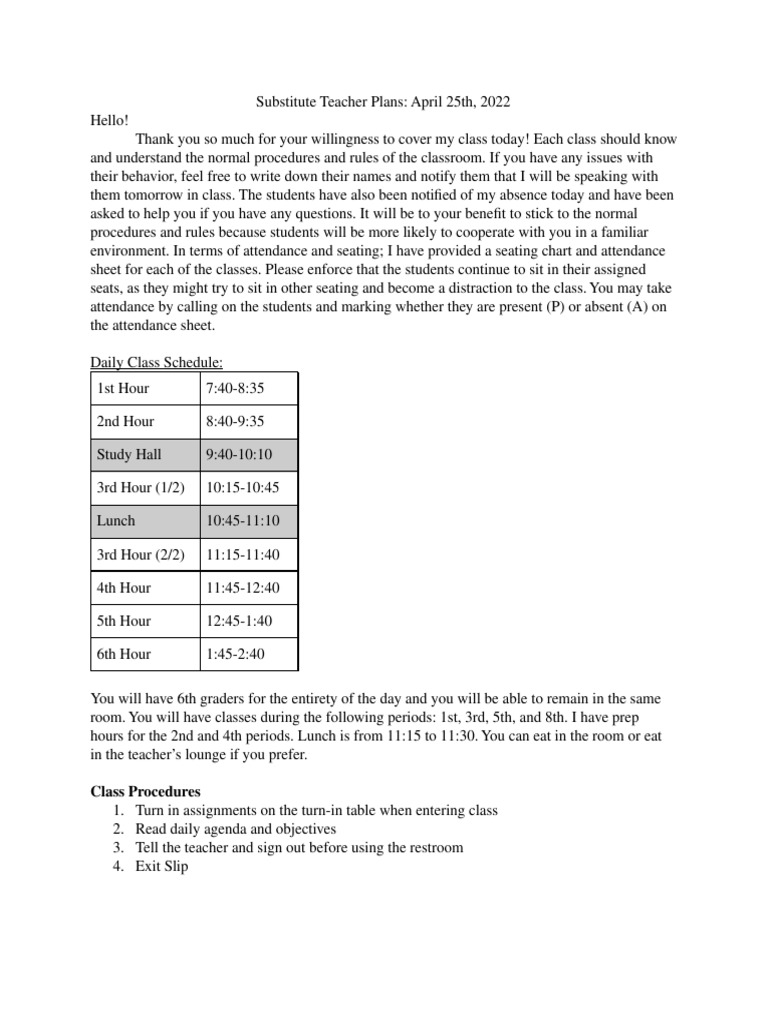 Substitute Teacher Guidelines and Schedule | PDF | Classroom | Worksheet