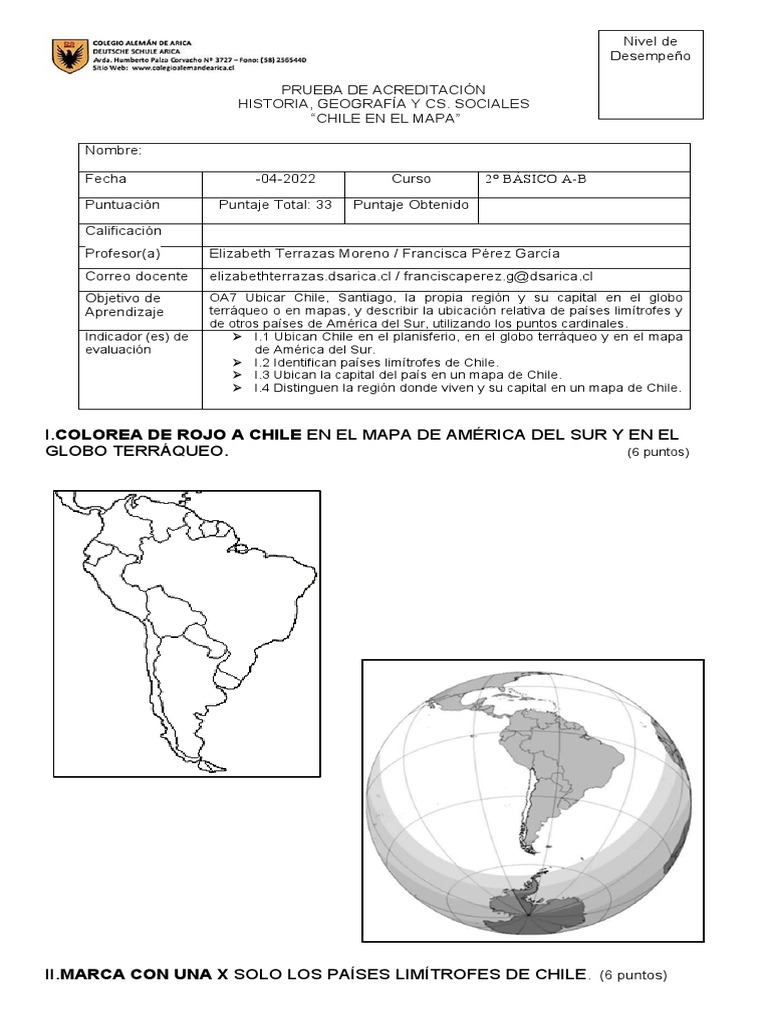 Evaluación de Historia 2° Básico Mapas | PDF | Chile | Américas