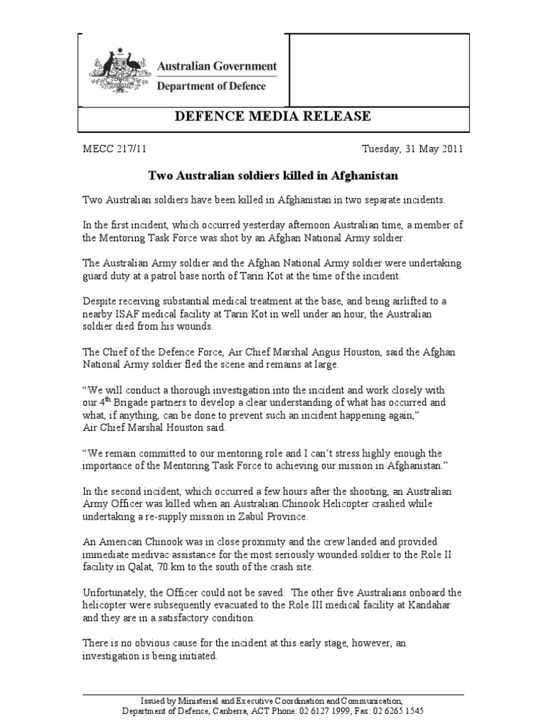 "Two Australian Soldiers Killed in Afghanistan" ADF News Release | PDF ...