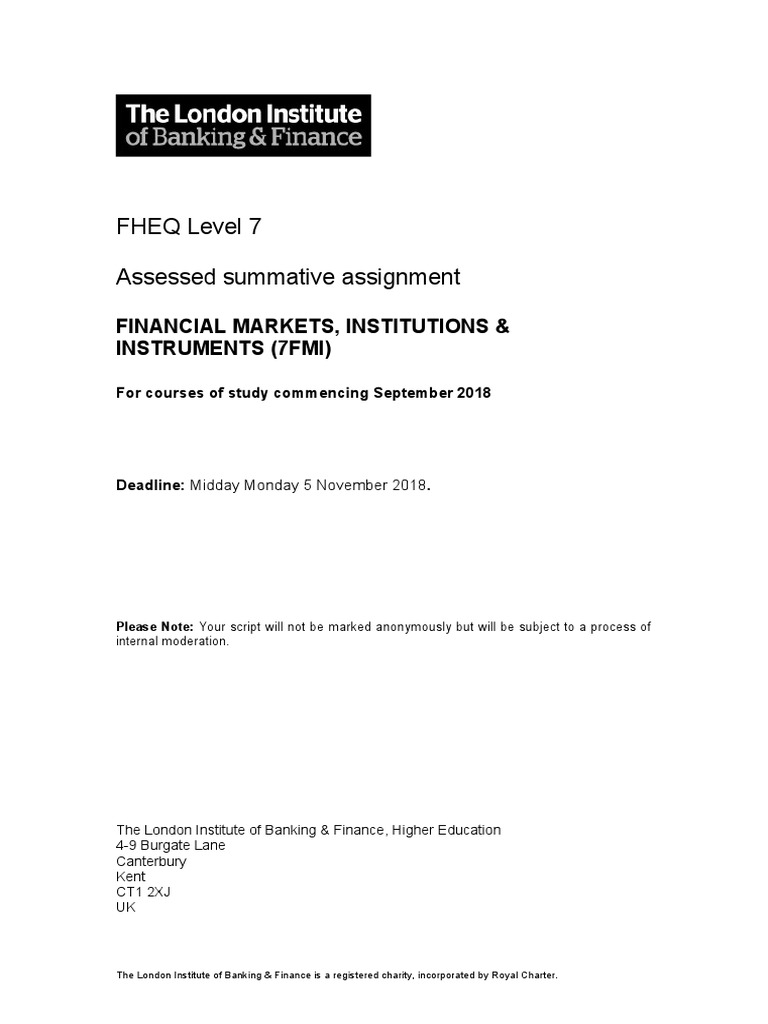FHEQ Level 7 Assessed Summative Assignment: Financial Markets ...