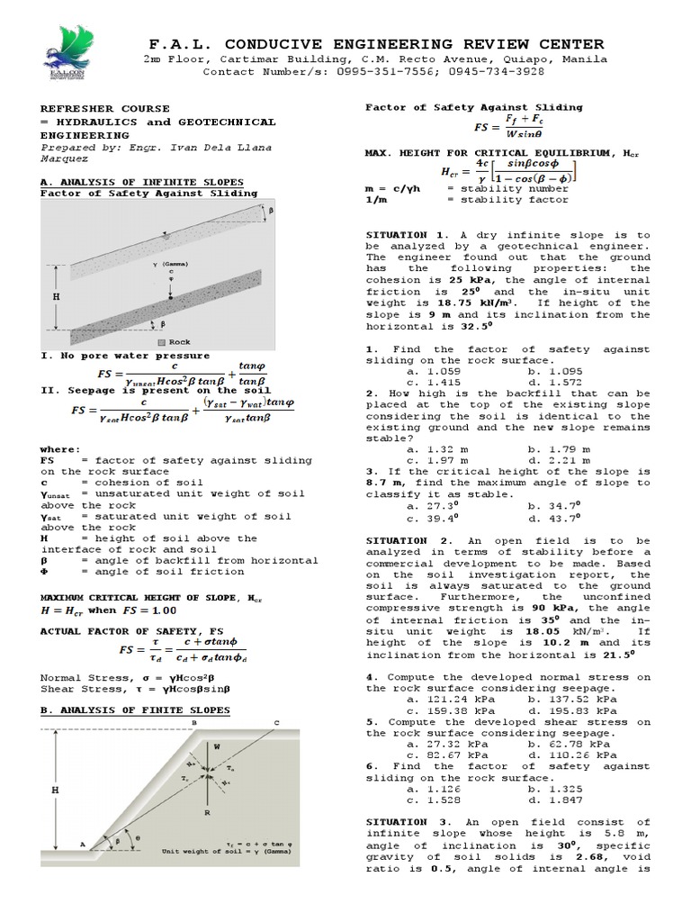 F.A.L. Conducive Engineering Review Center: Refresher Course Hydraulics and Geotechnical ...