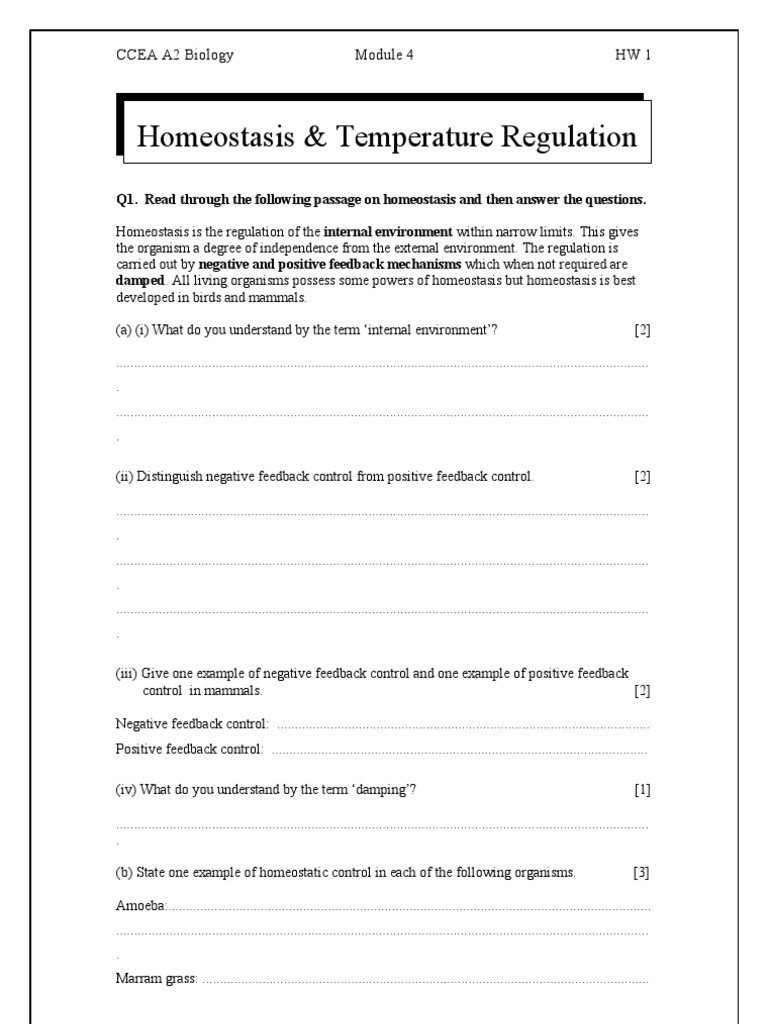 1 Homeostasis and Temp Regulation HW | PDF | Homeostasis | Thermoregulation
